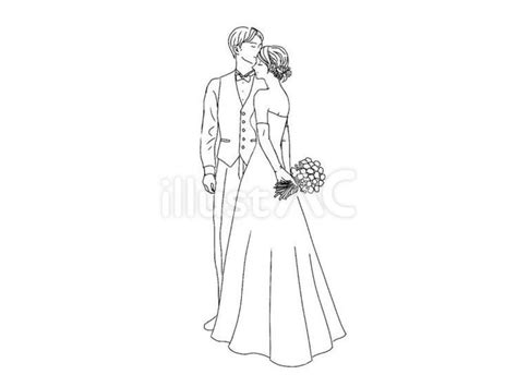 後ろ手に花束を持つ新婦に寄り添う新郎イラスト 結婚式 素材 フリー 新郎新婦 イラスト 新婦