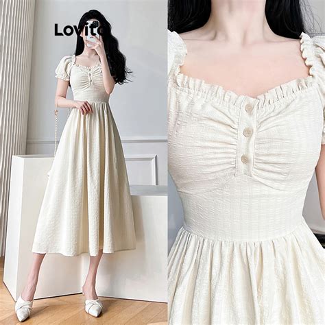 Lovito Elegant Plain Button Front Dress For Women LNE52158 Lovito Gaun