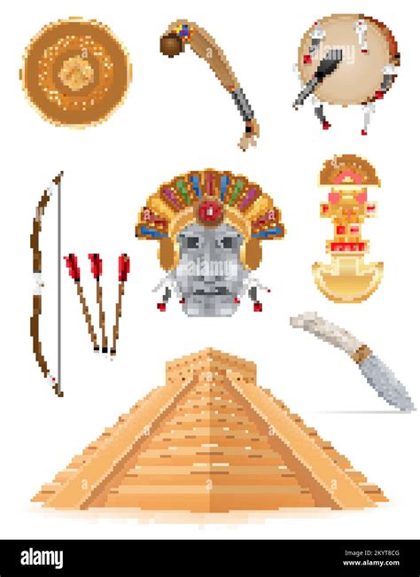 Ancient Objects And Attributes Of The Maya Vector Illustration Isolated On White Background