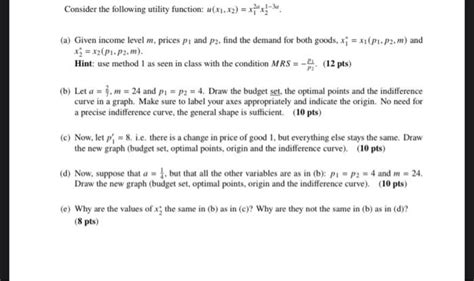 Solved Consider the following utility function: | Chegg.com