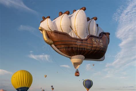 Blue Sky With Clouds And Pirate Ship Hot Air Balloon Floating Editorial