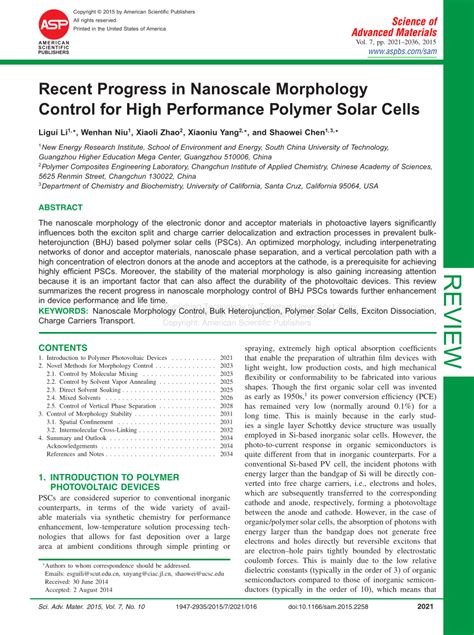 Pdf Recent Progress In Nanoscale Morphology Control For High Performance Polymer Solar Cells
