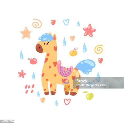 당근 별 하트 사과 및 소용돌이로 둘러싸인 붉은 하트가있는 귀여운 오렌지 말의 벡터 이미지 아이 의류 및 물건을위한 이미지 말에