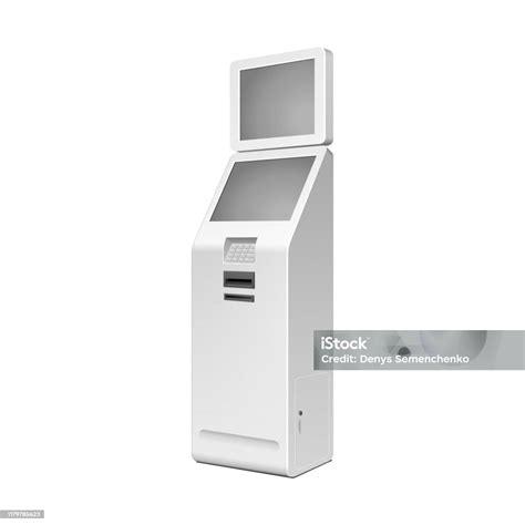 야외 화이트 지불 터미널 Atm Pos 흰색 배경에 Poi 광고 스탠드 3d 모의 업 템플릿 흰색 배경에 격리된 그림입니다 벡터