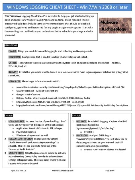 windows logging cheat sheet v1 1 pdf windows registry group policy