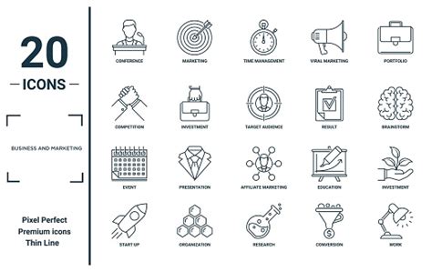 비즈니스 및 마케팅 선형 아이콘 세트 얇은 라인 회의 경쟁 이벤트 시작 작업 대상 고객 보고서 프리젠 테이션 다이어그램 웹 디자인을위한 투자 아이콘 포함 0명에 대한 스톡