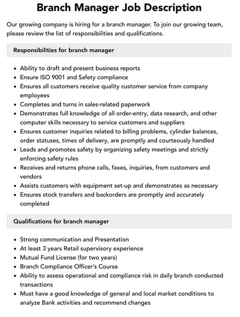 Branch Manager Job Description Velvet Jobs