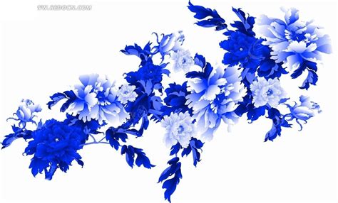 蓝色工笔画湛蓝色牡丹花和叶子psd素材免费下载 红动网