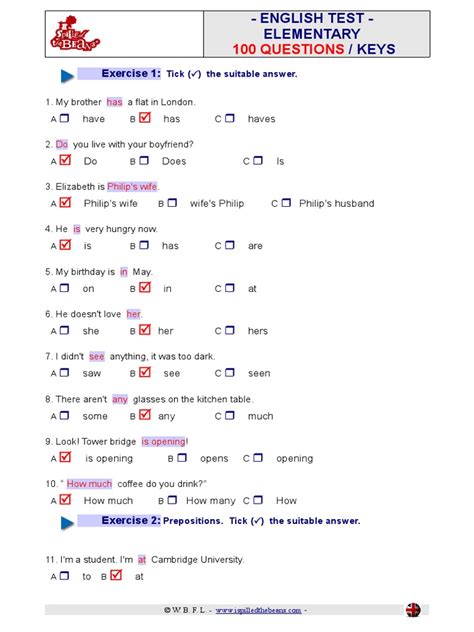 Exercises Tests Elementary Keys Pdf Menu English Language