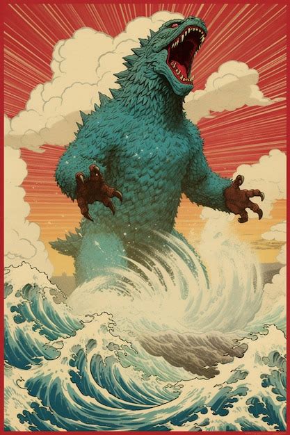 Premium Ai Image Godzilla Rising Over A Wave In A Red Sky With A Red