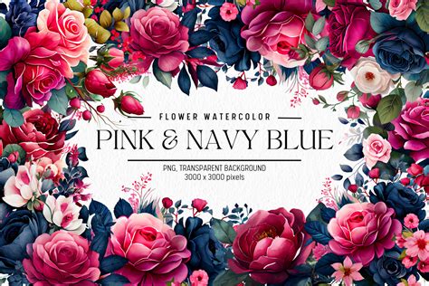 Pink And Navy Blue Flowers Watercolor Graphic By Folv · Creative Fabrica