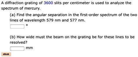 Solved A Diffraction Grating Of 3600 Slits Per Centimeter Is Used To
