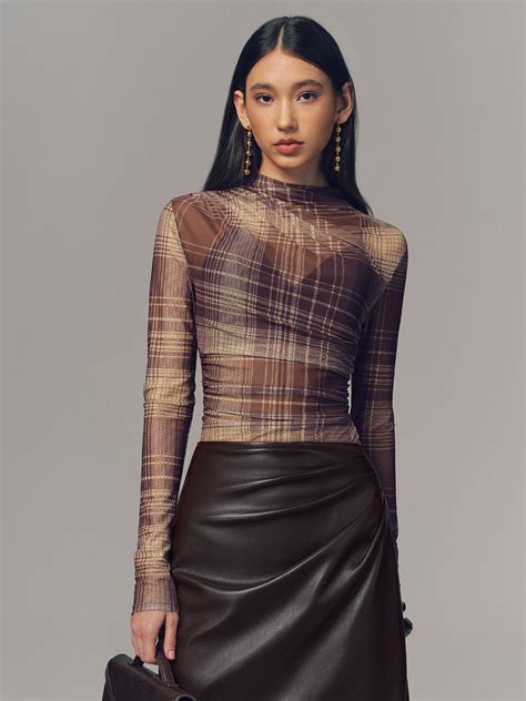 Semi Sheer Plaid Mesh Top Commense