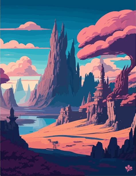 Premium Vector A Fantasy Landscape Of Mountain Lake Clouds And Trees