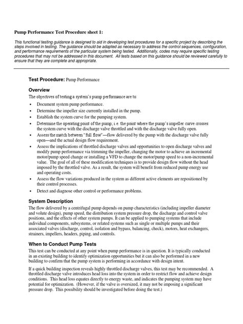 Pump Performance Test Procedure Sheet 1 Pdf Pump Valve