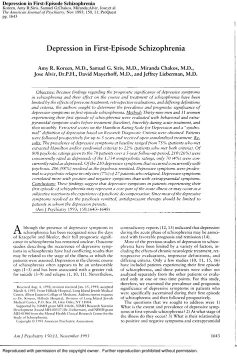 Pdf Depression In First Episode Schizophrenia