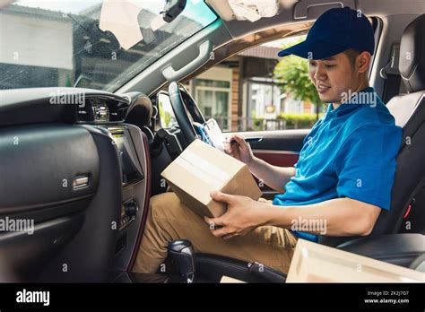 Delivery Man Courier In Uniform Hold Documents Clipboard Checking List