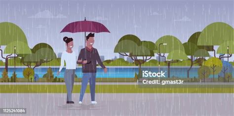 연인 커플 우산 남자 여자 비 도시 도시 공원 풍경 배경 전체 길이 문자에서 걷는 낭만적인 아래 평평한 수평 2명에 대한 스톡 벡터 아트 및 기타 이미지 Istock