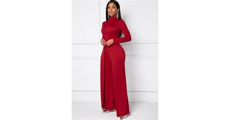 Rosewe Long Sleeve Mock Neck Red Wide Leg Jumpsuit See Chloe Bailey