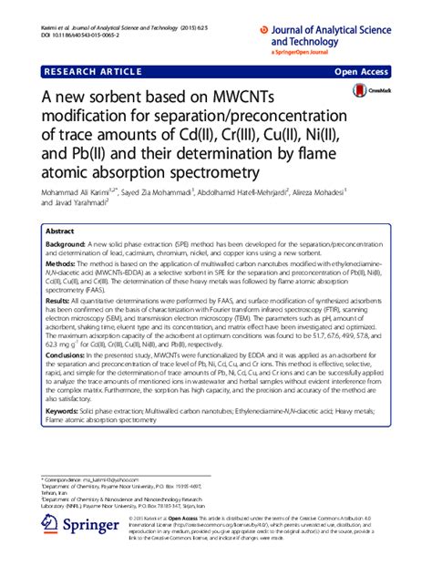 Pdf A New Sorbent Based On Mwcnts Modification For Separation Preconcentration Of Trace