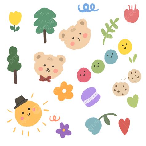 귀여운 곰 컬러 낙서 무료 인쇄 꽃 일러스트 나무 스티커 캐릭터 패턴 화려한 낙서 낙서 Png Png 일러스트 및 Psd
