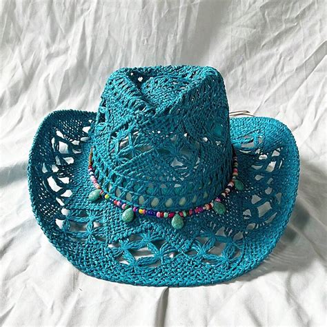 Women Cowgirl Hat Soft Hollowed Straw Hat Beaded Wide Brim Beach Hat