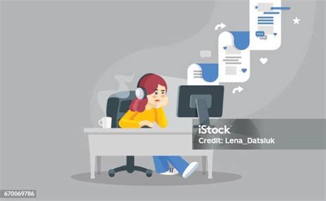 인터넷 서핑 개념입니다 평면 벡터 일러스트입니다 컴퓨터 화면을 보고 하 고 소셜 네트워크를 보고 컴퓨터의 뒤에 테이블에 앉아 소녀 십대에 대한 스톡 벡터 아트 및 기타