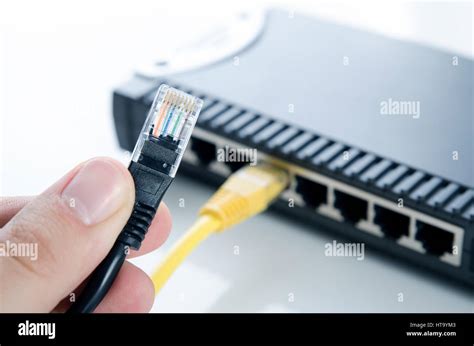 Network Switch Device And Ethernet Cables On White Background Stock Photo Alamy
