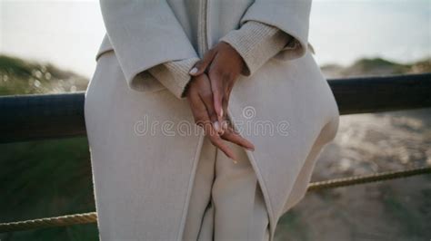 Nervous Woman Hands Rubbing Outdoors Closeup Stressed Girl Comforting