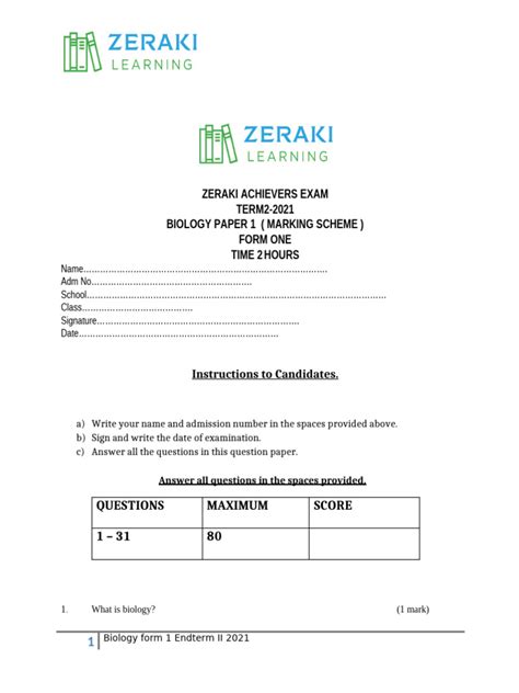 Zeraki Achievers Exam Pdf Leaf Photosynthesis