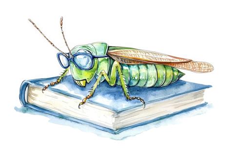 A Watercolor Illustration Of A Grasshopper Wearing Glasses Perched Atop