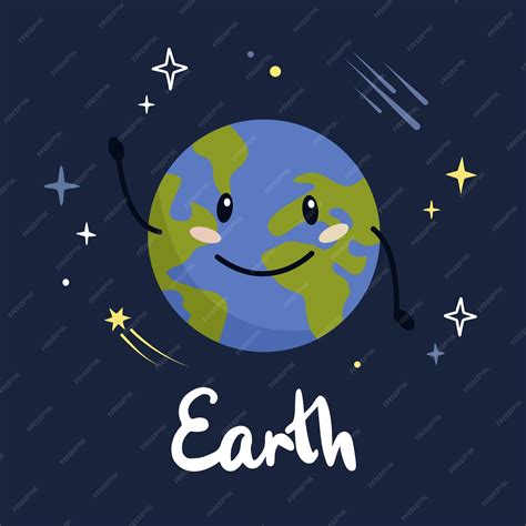 재미있는 얼굴을 가진 귀여운 만화 행성 캐릭터 지구 아이들을 위한 포스터 태양계 프리미엄 벡터