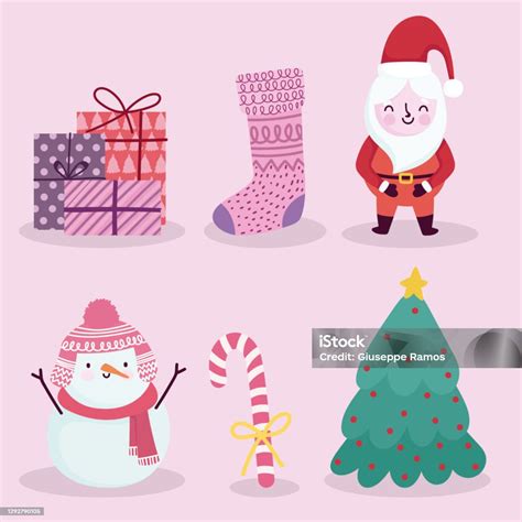 메리 크리스마스 아이콘 세트 산타 눈사람 사탕 지팡이 양말 선물과 나무 겨울에 대한 스톡 벡터 아트 및 기타 이미지 겨울