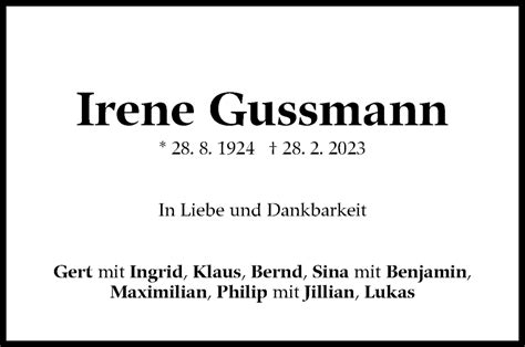 Traueranzeigen Von Irene Gussmann Stuttgart Gedenkt De