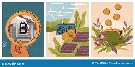Esg Crypto Investment Concept Vector Posters Set Green Mining Bitcoin And Cryptocurrency