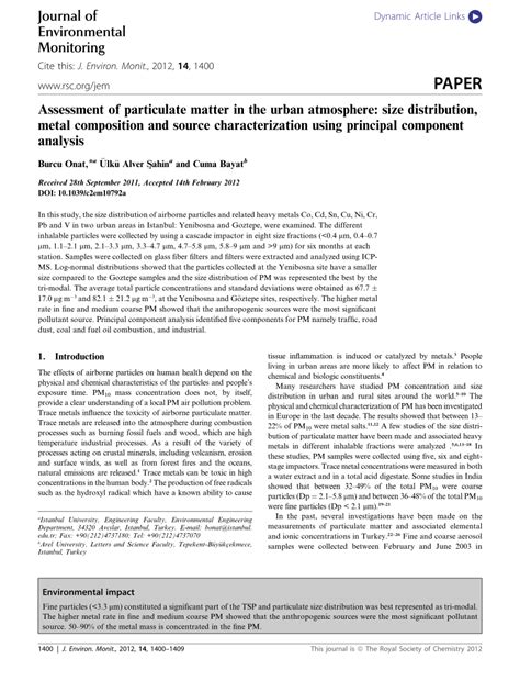 Pdf Assessment Of Particulate Matter In The Urban Atmosphere Size Distribution Metal