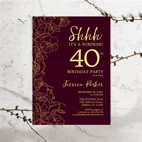 Burgundy Gold Surprise 40th Birthday Invitation Zazzle