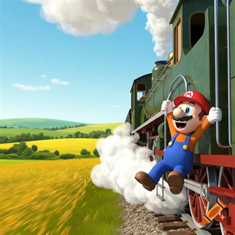 Cartoon Mario Hangs From A Green Train As It Speeds Through A Yellow