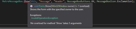 C Metro Messagebox Show No Overload For Method Show Takes 5