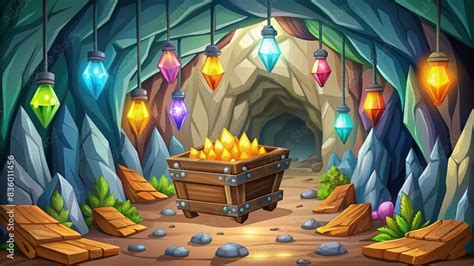 Cartoon Of A Mine Cave With Crystal Treasure Mine Cave Crystals