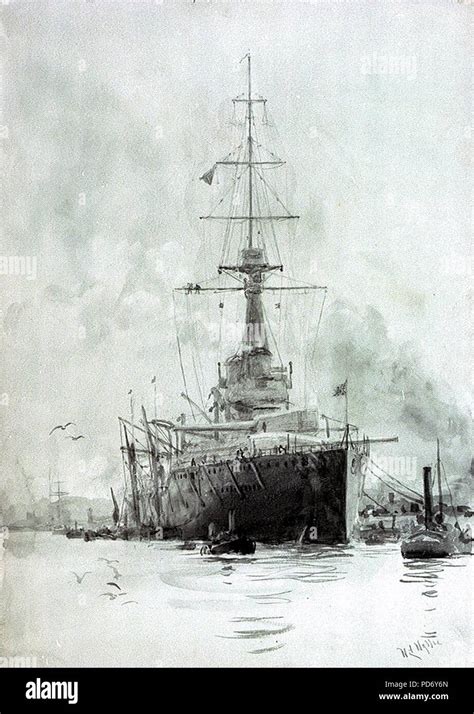 An Orion Class Battleship Alongside With Tugs Lighters And Barges