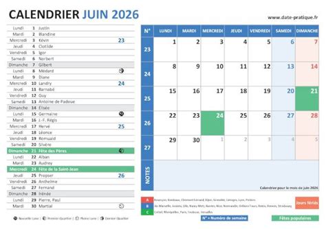 📅 Calendrier Juin 2026 à Télécharger En Pdf Et à Imprimer Gratuitement