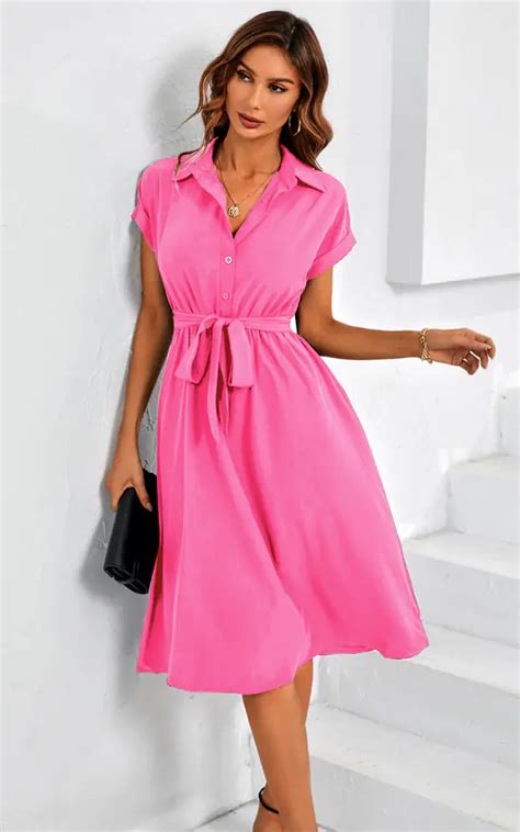 Short Sleeve Midi Shirt Dress In Pink Fs Collection Silkfred Us