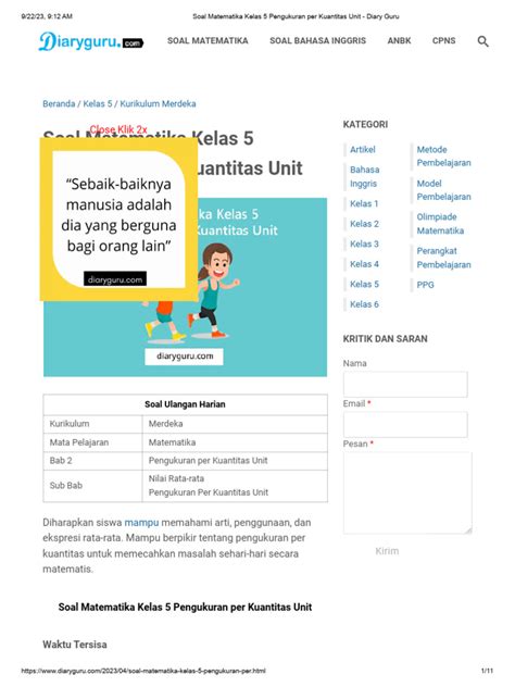 Soal Matematika Kelas 5 Pengukuran Per Kuantitas Unit Diary Guru Pdf