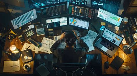 A Person Analyzing Data At A Desk With Multiple Screens And Charts