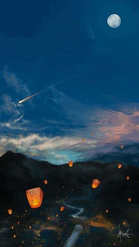 背景壁纸流星孔明灯夜景天空 堆糖美图壁纸兴趣社区