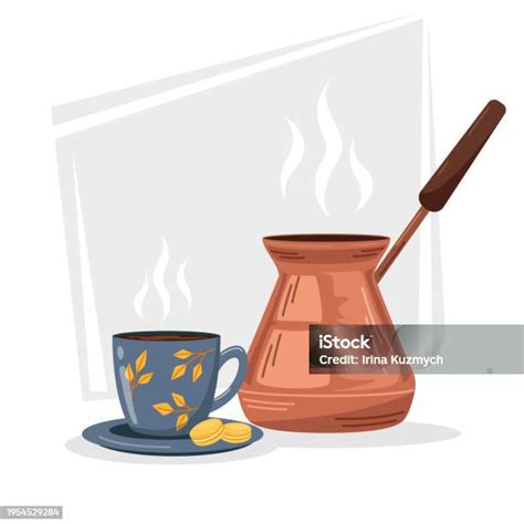 구리 터키 식 커피 메이커와 기성품 뜨거운 커피와 컵의 벡터 그림입니다 금속에 대한 스톡 벡터 아트 및 기타 이미지 금속 기계류 단순함 Istock