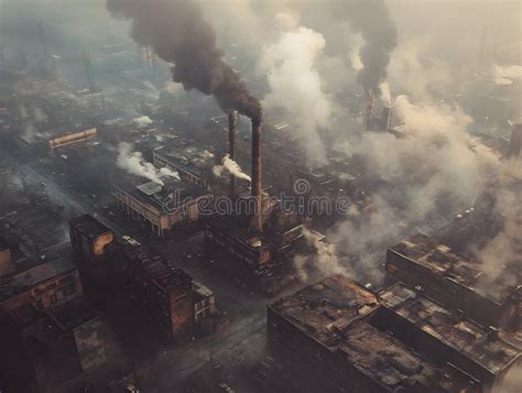 Aerial View Of Polluted Metropolis Engulfed In Toxic Haze And Abandoned