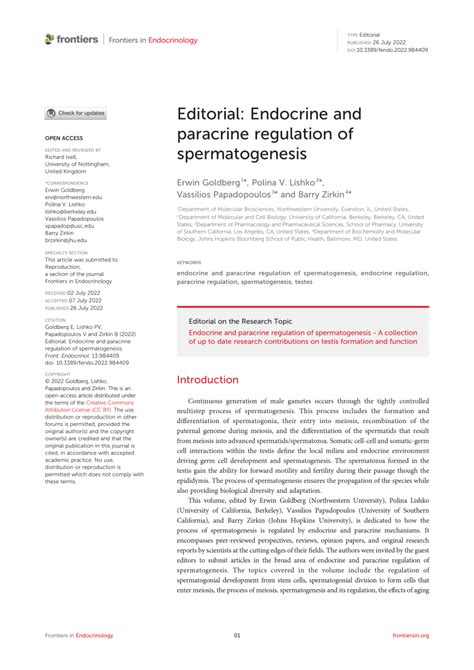 Pdf Editorial Endocrine And Paracrine Regulation Of Spermatogenesis