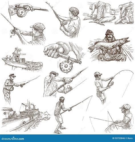 Fishing Freehand Sketches Originals On White Stock Illustration